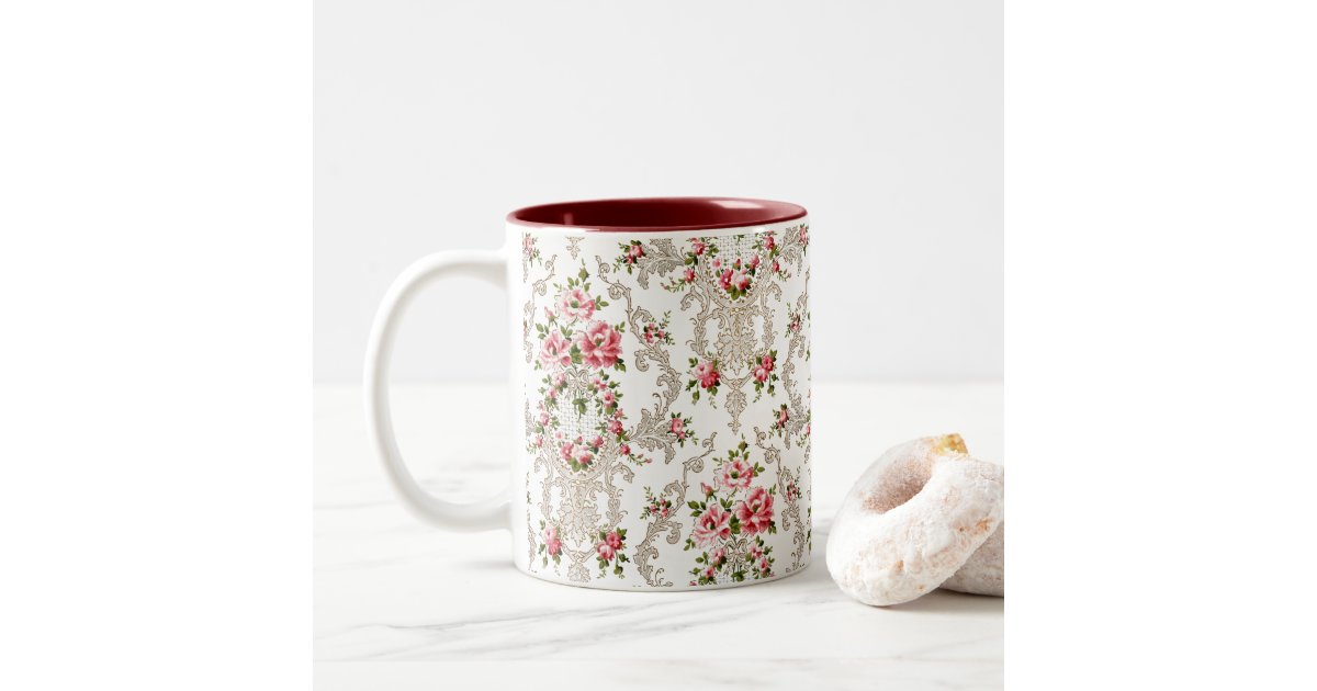 Elegant French Rococo Floral-White Background Two-Tone Coffee Mug | Zazzle