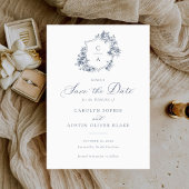 Elegant French Roses Floral Blue Crest Save Date Invitation | Zazzle