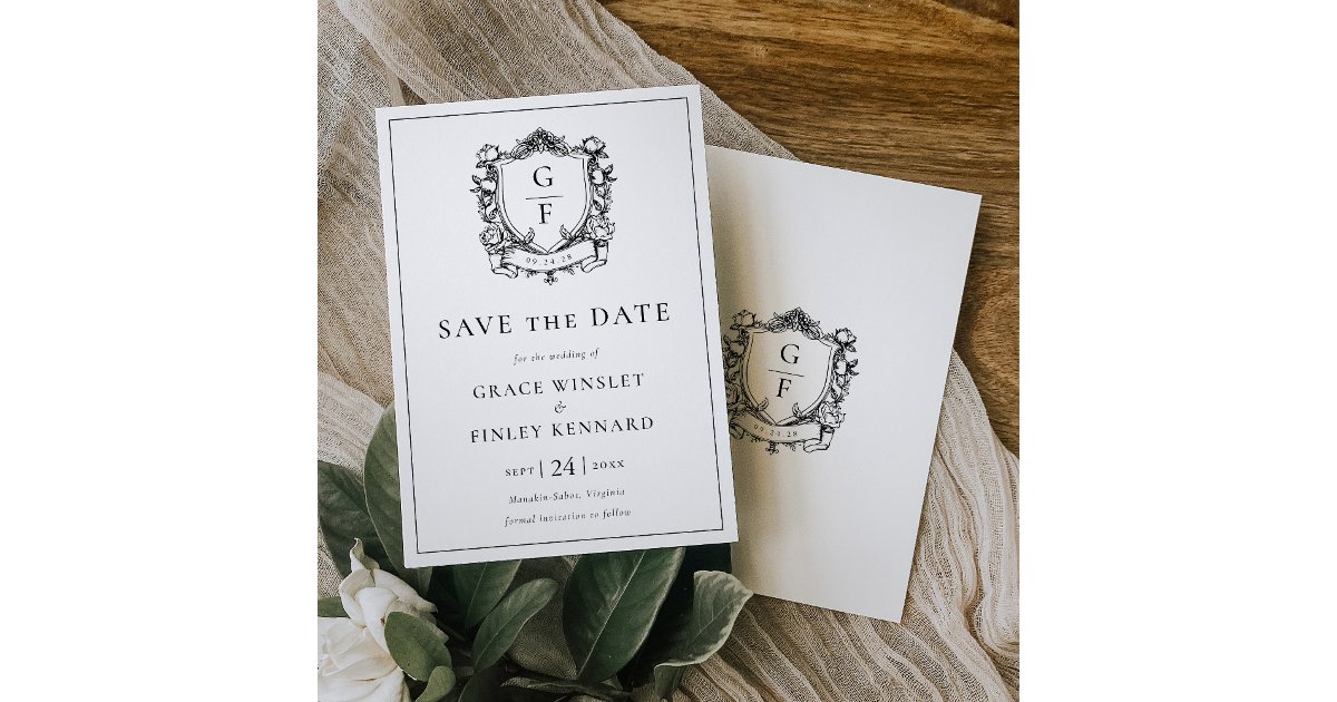Elegant French Roses Floral Monogram Crest Wedding Save The Date | Zazzle