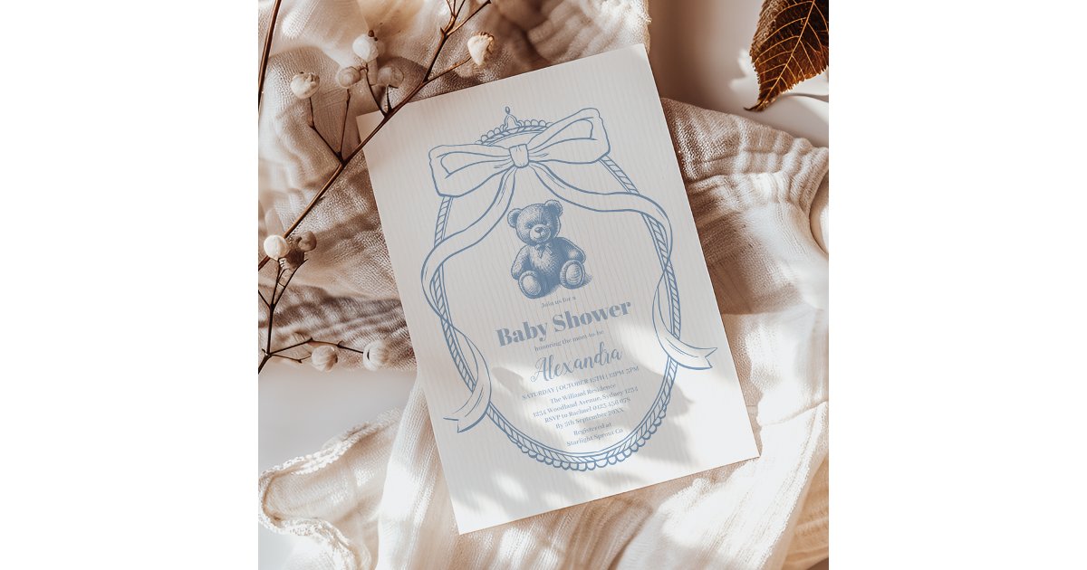 Elegant French Teddy Bear Baby Shower Invitation | Zazzle