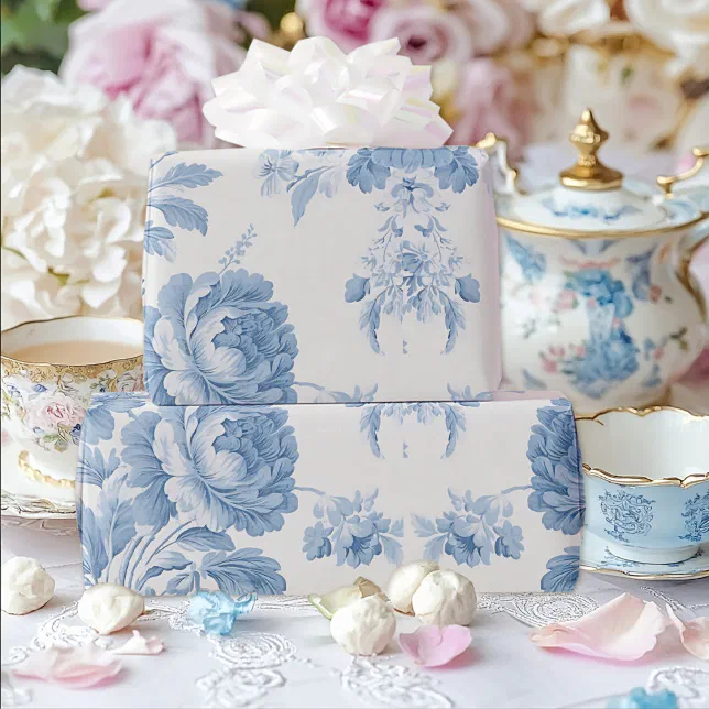 Elegant French toile Blue Floral Wedding Wrapping Paper | Zazzle