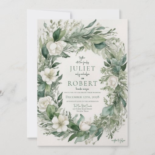 Elegant Fresh Winter Floral Foliage Circle Wedding Invitation | Zazzle