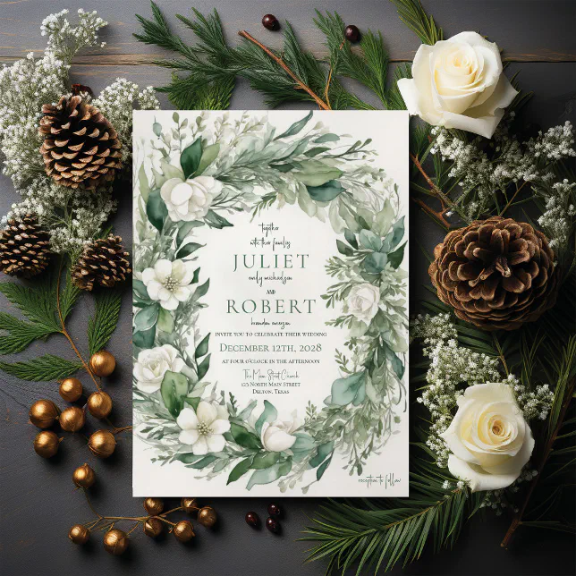 Elegant Fresh Winter Floral Foliage Circle Wedding Invitation | Zazzle
