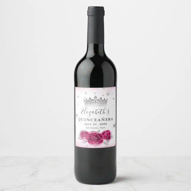 Elegant Fuchsia and Silver Crown Parchment Paper Wine Label | Zazzle