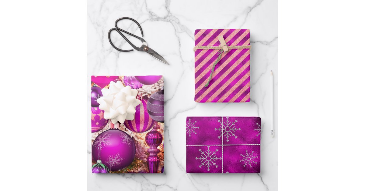 Elegant fuchsia Christmas ornaments holidays Wrapping Paper Sheets | Zazzle