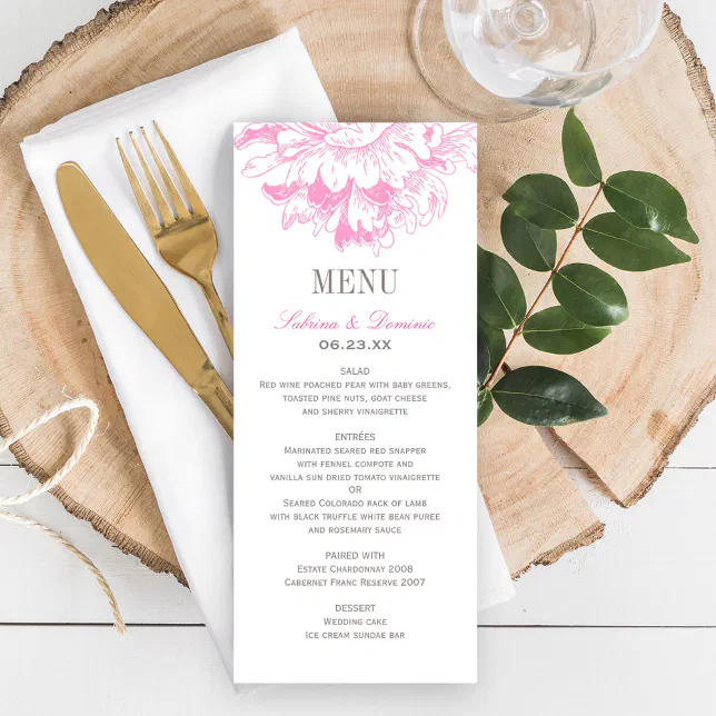 Elegant Fuchsia Pink and Gray Floral Peony Wedding Menu | Zazzle