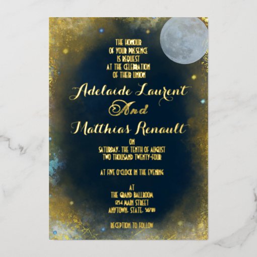 Elegant Full Moon Celestial Wedding: Blue and Gold Foil Invitation | Zazzle