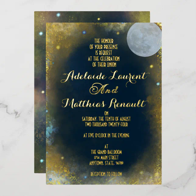 Elegant Full Moon Celestial Wedding: Blue and Gold Foil Invitation | Zazzle