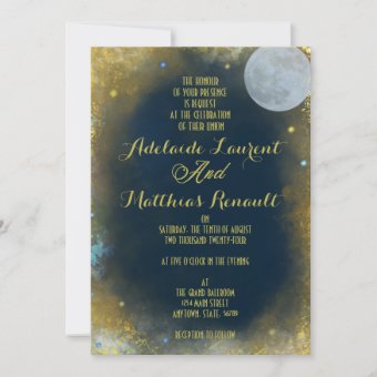 Elegant Full Moon Celestial Wedding: Blue & Gold Invitation | Zazzle
