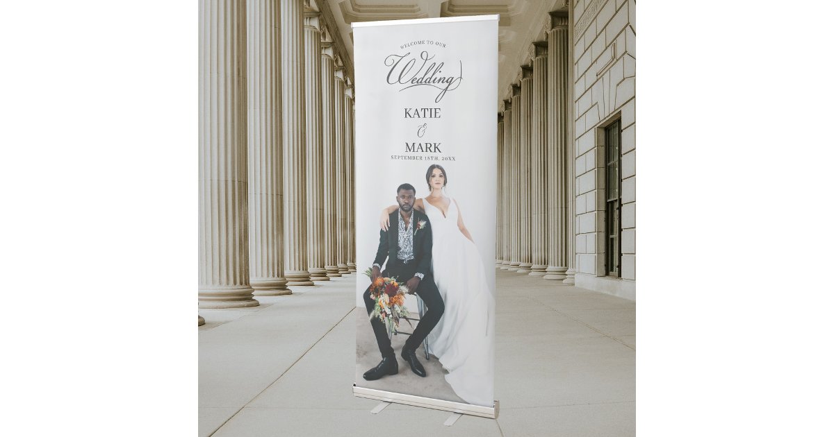 Elegant Full Photo Calligraphy Wedding Welcome Retractable Banner | Zazzle