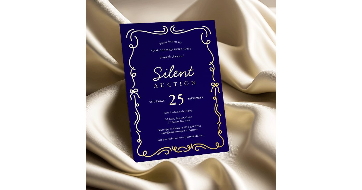 Elegant Fundraiser Silent Auction Navy & Gold Foil Invitation | Zazzle
