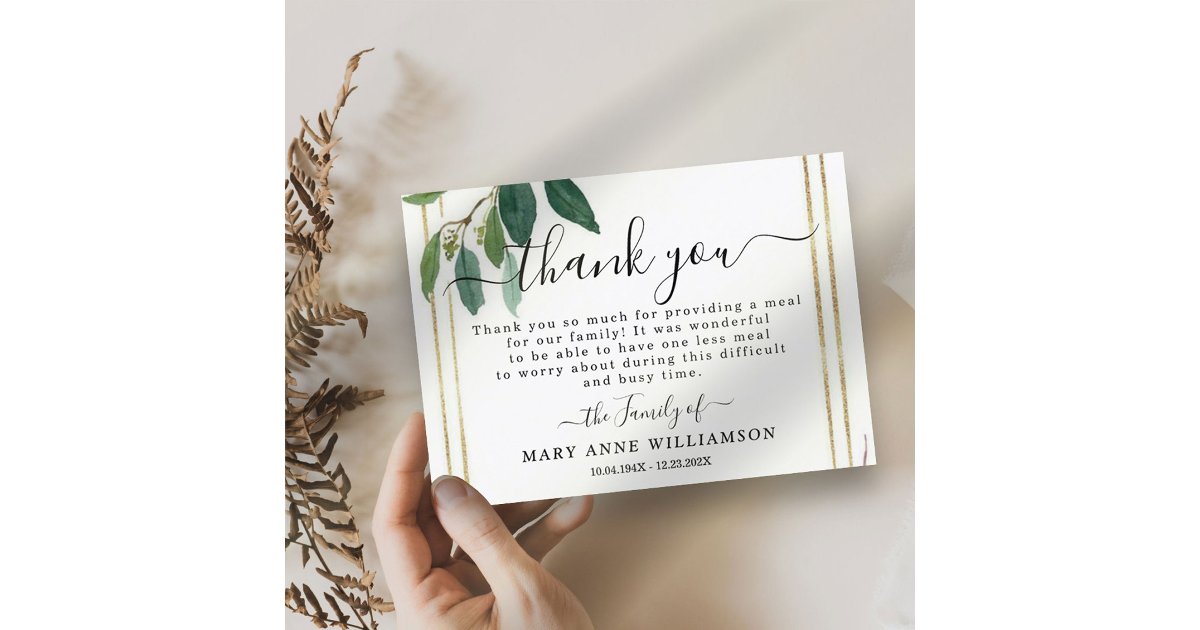 Elegant Funeral Food Thank You Card | Zazzle