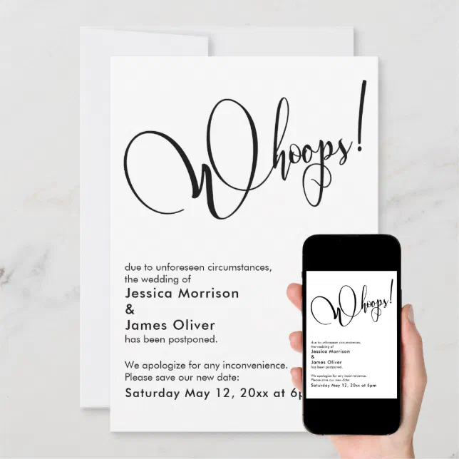 Elegant Funny "Whoops!" Postponed Wedding Card | Zazzle