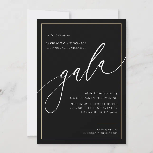 ELEGANT GALA calligraphy stylish formal black gold Invitation | Zazzle
