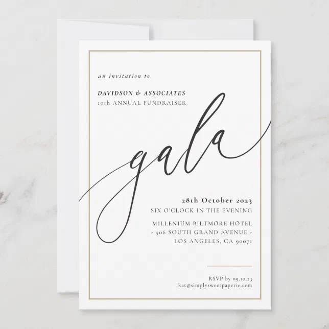 ELEGANT GALA calligraphy stylish formal gold black Invitation | Zazzle