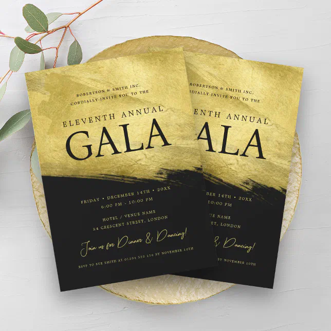 Elegant GALA Company Business Gold Brush Black Invitation | Zazzle