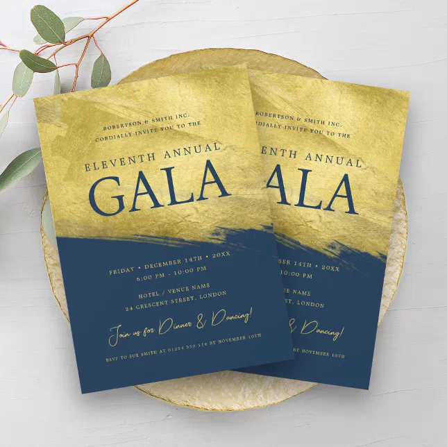 Elegant GALA Company Business Gold Brush Navy Blue Invitation | Zazzle