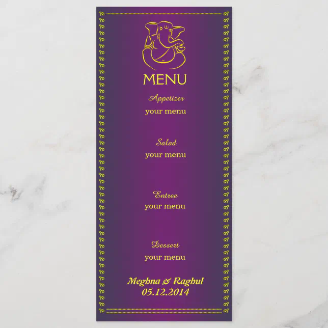 Elegant Ganesh | Indian Wedding Purple Menu Card | Zazzle