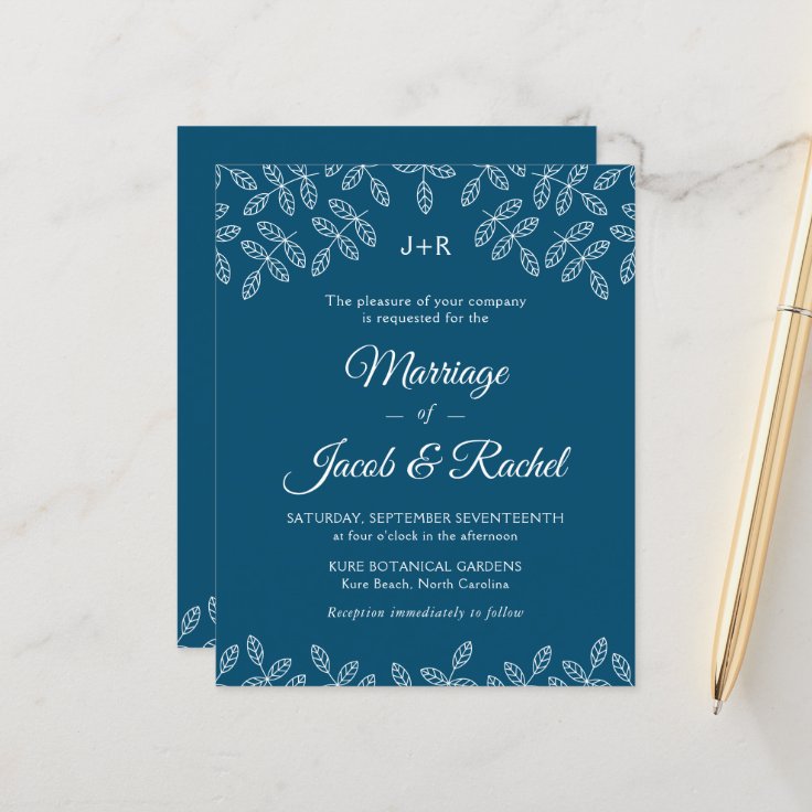 Elegant Garden Leaves Blue Wedding Invitation | Zazzle