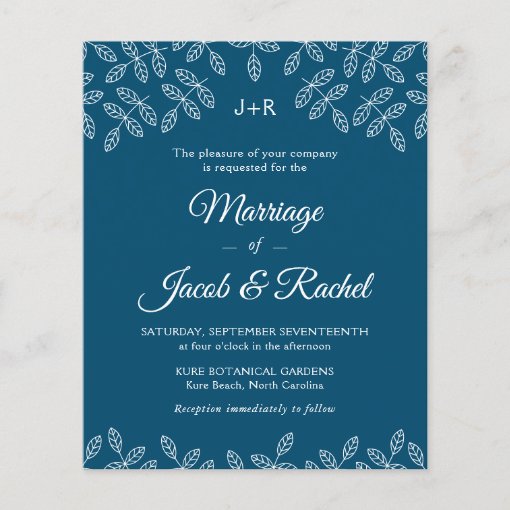 Elegant Garden Leaves Blue Wedding Invitation | Zazzle