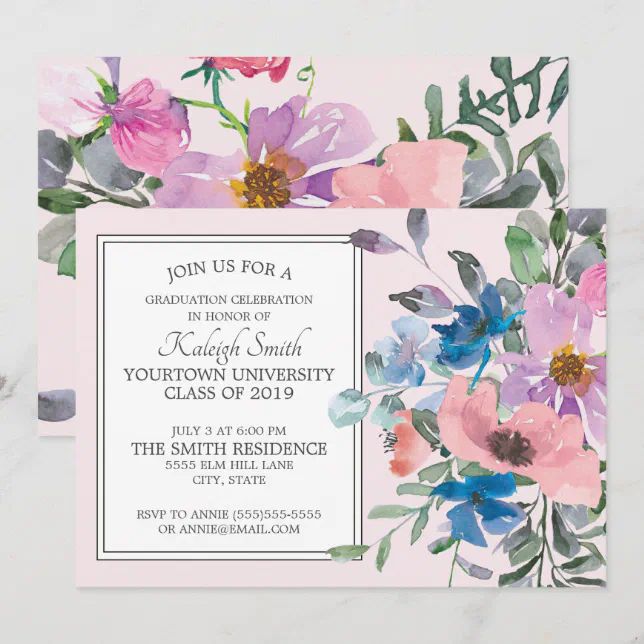 Elegant Garden Purple Pink Floral Grad Party Invitation | Zazzle
