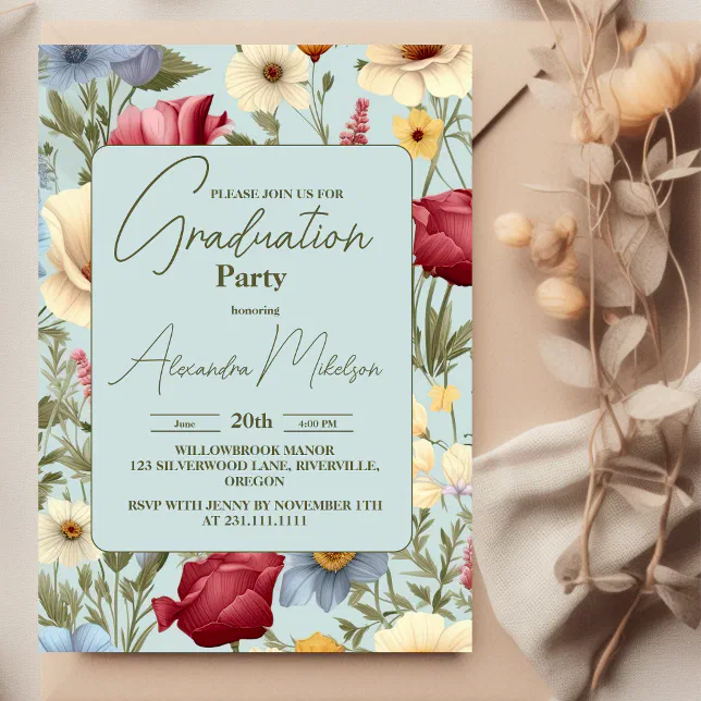 elegant garden wildflowers meadow graduation invitation | Zazzle