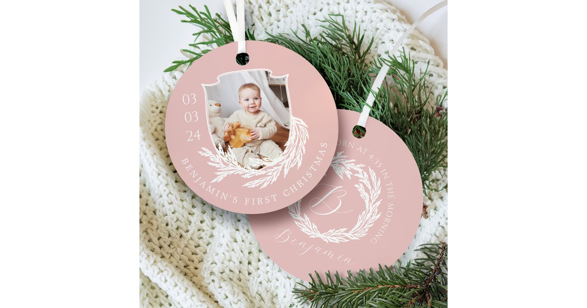 Elegant Garland Wreath Crest Baby First Christmas Metal Ornament | Zazzle