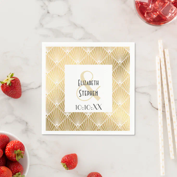 Elegant Gatsby Art Deco White & Gold Wedding Napk Napkins | Zazzle