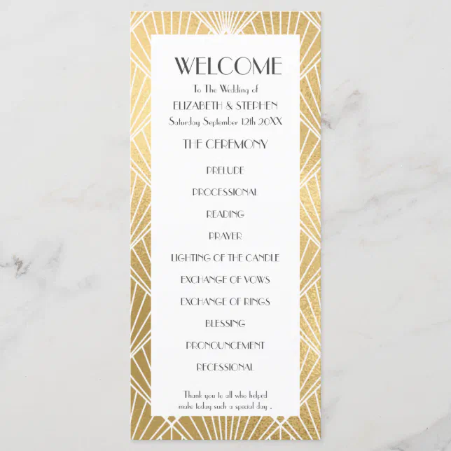 Elegant Gatsby Deco White & Gold Wedding Program | Zazzle