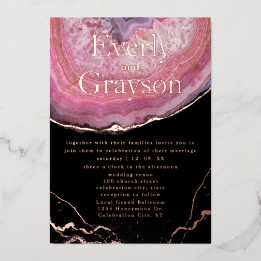 Elegant Geode Pink & Gold Wedding Foil Invitati Foil Invitation ...