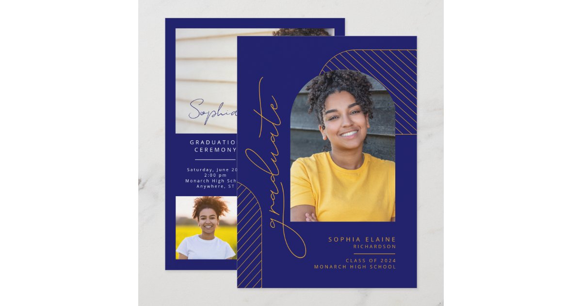 Elegant Geometric Blue Yellow Gold Graduation Announcement | Zazzle