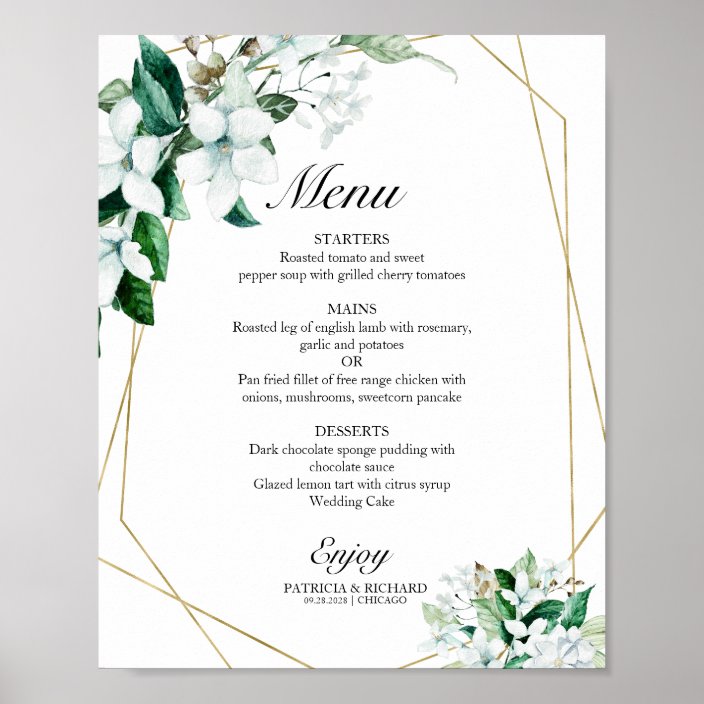 Elegant Geometric Floral Greenery Wedding Menu Poster | Zazzle