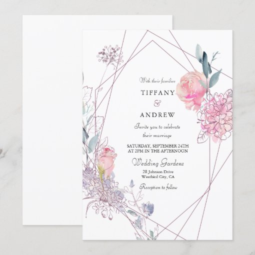 Elegant Geometric Pink Rose Floral Wedding Invite | Zazzle