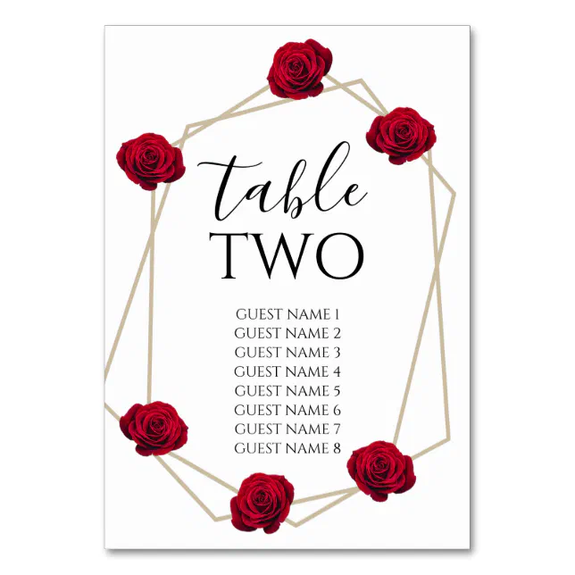 Elegant Geometric Red Rose Wedding Guest Names Table Number | Zazzle
