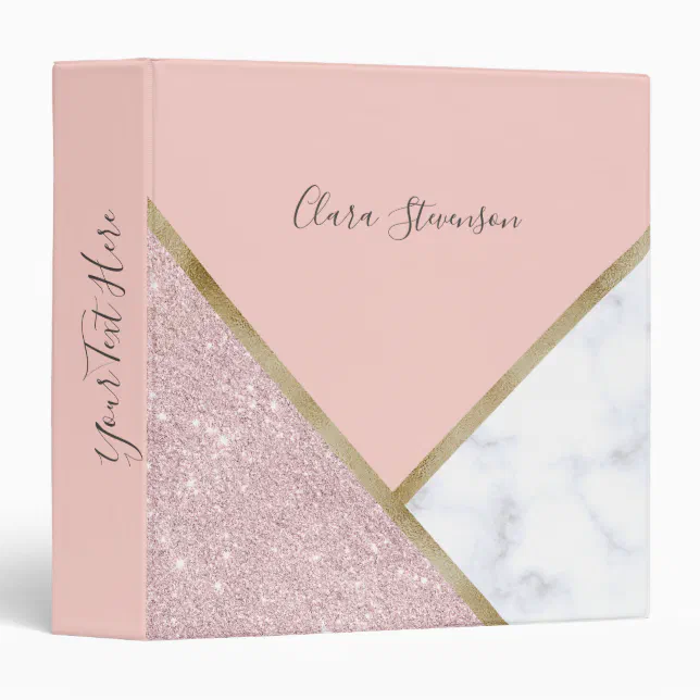 Elegant geometric rose gold glitter white marble 3 ring binder | Zazzle