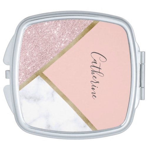 Elegant geometric rose gold glitter white marble compact mirror | Zazzle
