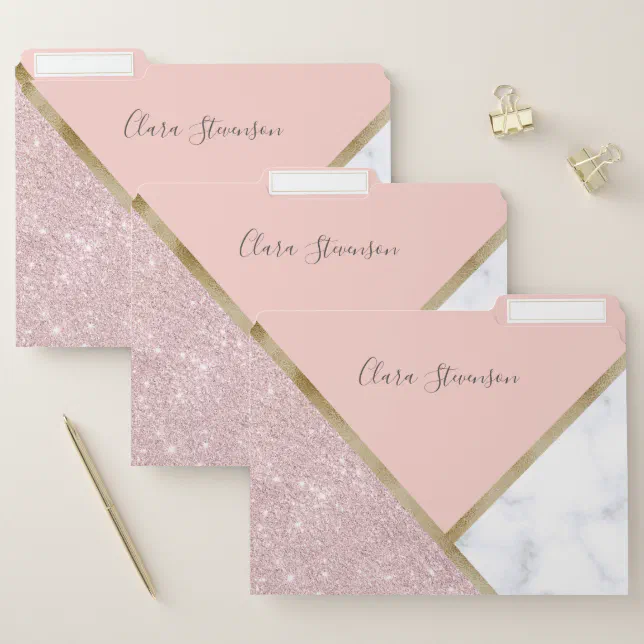 Elegant geometric rose gold glitter white marble file folder | Zazzle