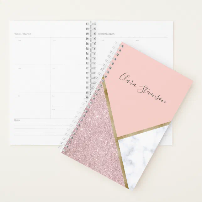 Elegant geometric rose gold glitter white marble planner | Zazzle