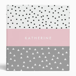Elegant geometric triangles & dots in grey & pink 3 ring binder | Zazzle