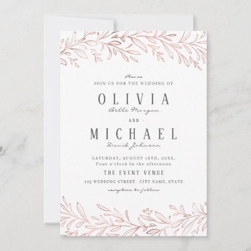 Elegant gilded rose gold botanical floral wedding invitation | Zazzle