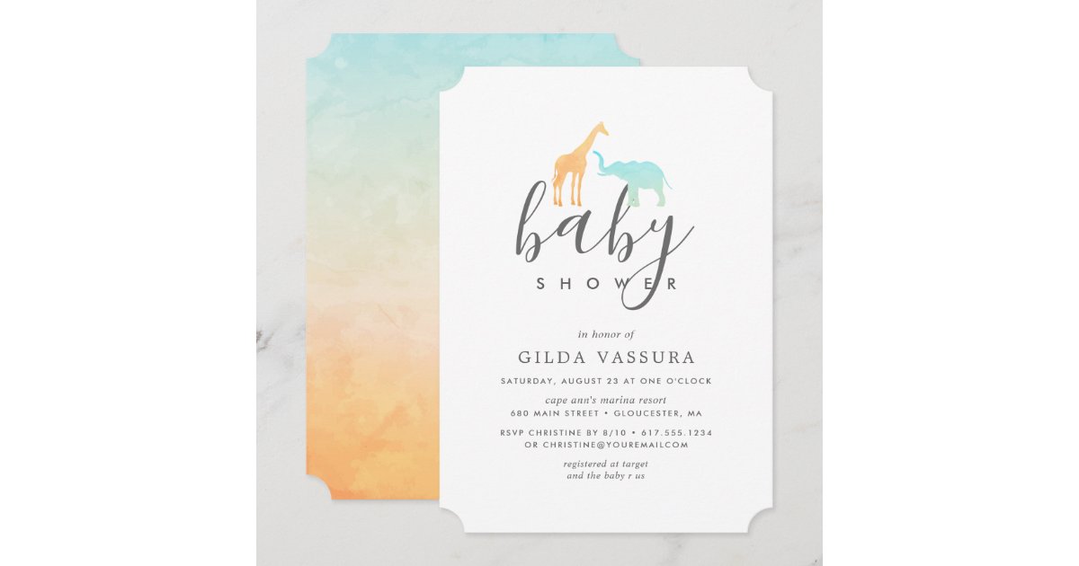 Elegant Giraffe Elephant Baby Shower Invitation | Zazzle