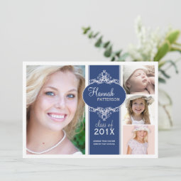 Elegant Girl 4 Photo Blue & White Graduation Invitation | Zazzle