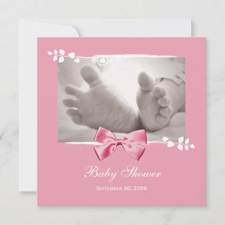 Elegant Girl Baby Shower Baby Feet With Pink Bow Invitation | Zazzle