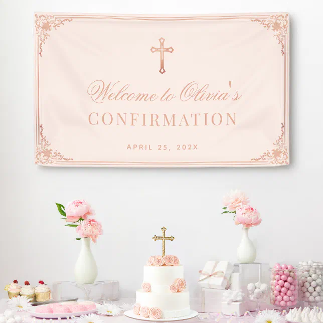 Elegant Girl Confirmation Pink Rose Gold Cross Banner | Zazzle