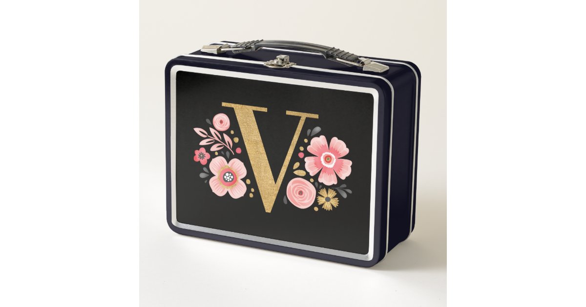 Elegant Girly Pink Black Floral Metal Lunch Box | Zazzle