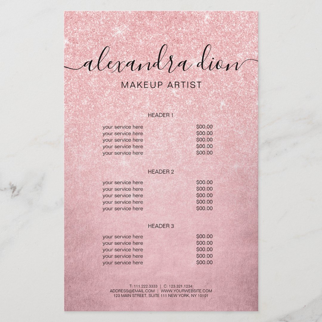 Elegant girly pink rose gold glitter makeup artist flyer | Zazzle
