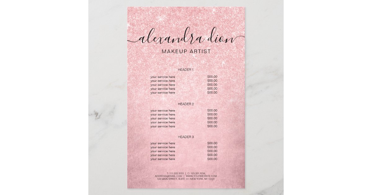 Elegant girly pink rose gold glitter makeup artist flyer | Zazzle