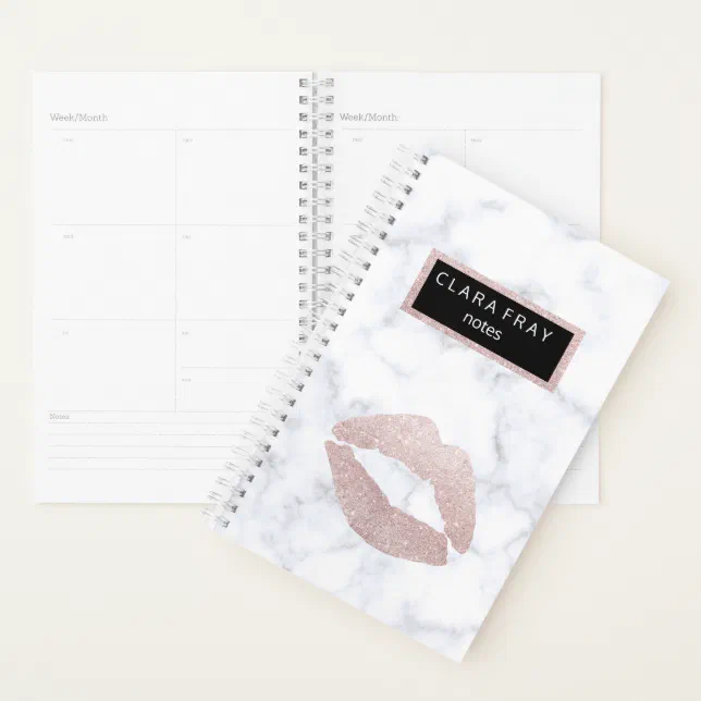 elegant girly rose gold glitter lips white marble planner | Zazzle