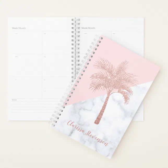 Elegant girly rose gold glitter palm white marble planner | Zazzle