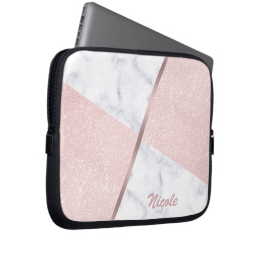 Elegant girly rose gold glitter & white marble laptop sleeve | Zazzle